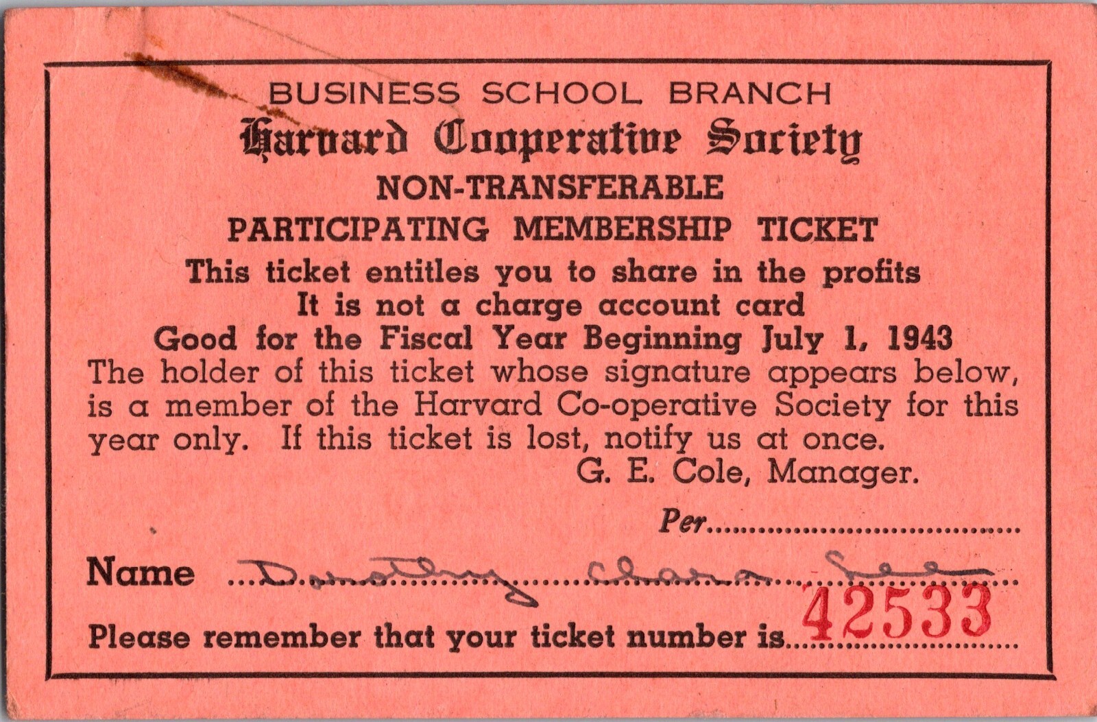 July 1 1943 WW2 Participating Membership Ticket Harvard Cooperative ...