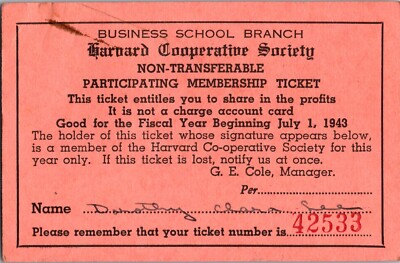 July 1 1943 WW2 Participating Membership Ticket Harvard Cooperative ...