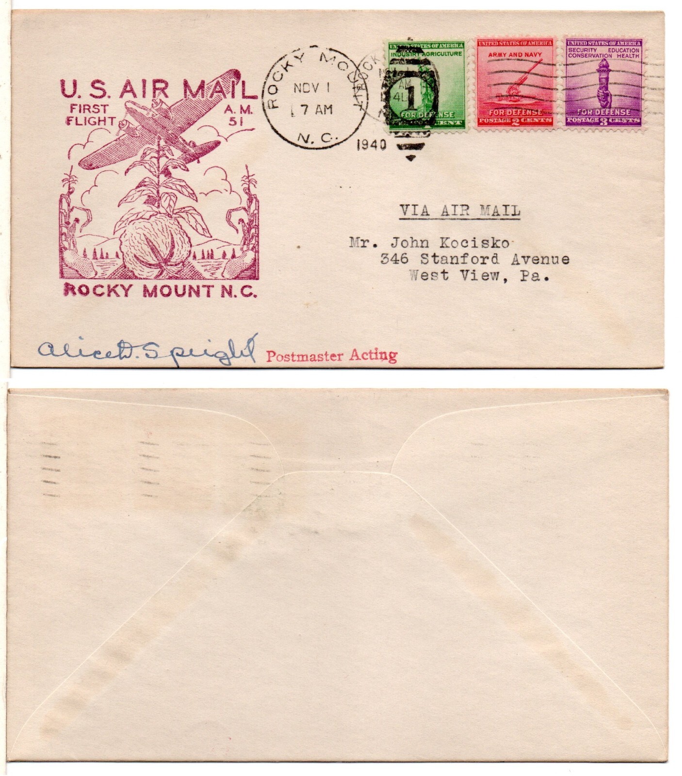 FIRST FLIGHT - Rocky Mount, North Carolina (Signed by Postmaster) 1940 ...