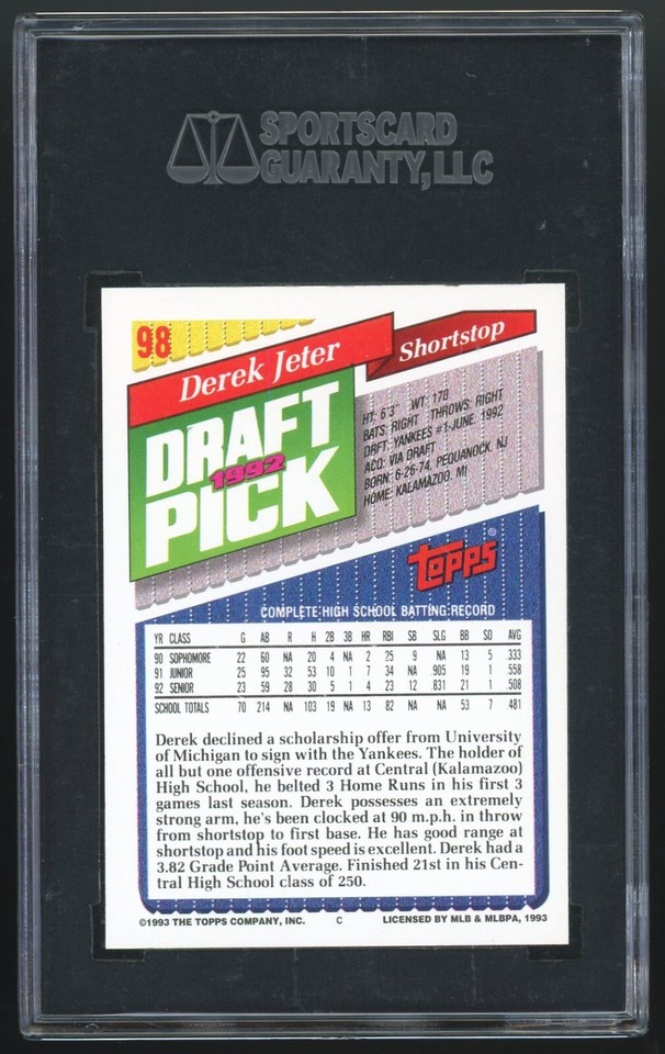 1992-93 Topps Draft Pick Rookie DEREK JETER SGC 92 8.5 NM-MT+ #98 RC ...