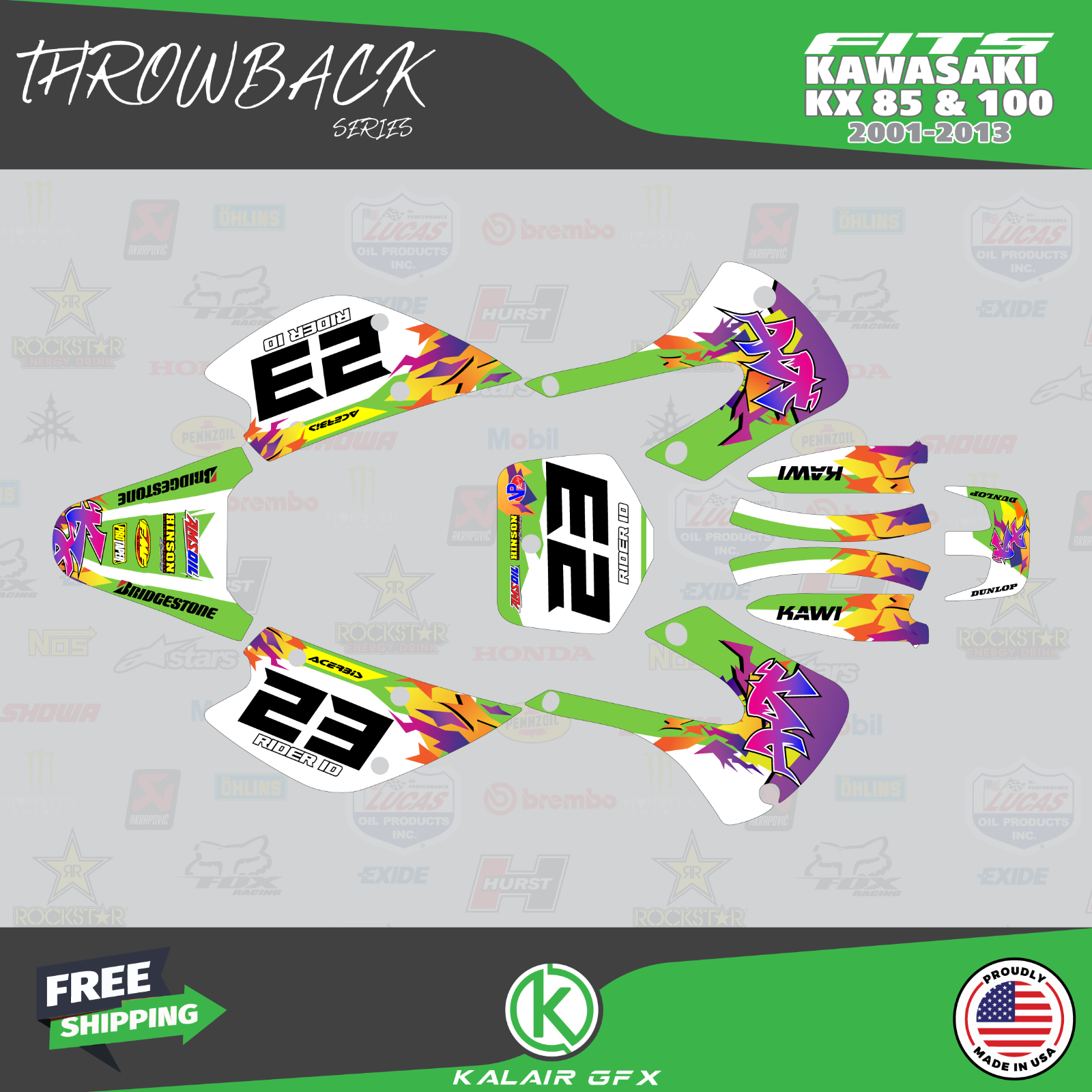 Graphics Kit for Kawasaki KX85 KX100 (2001-2013) KX 85 KX 100 Throwback ...