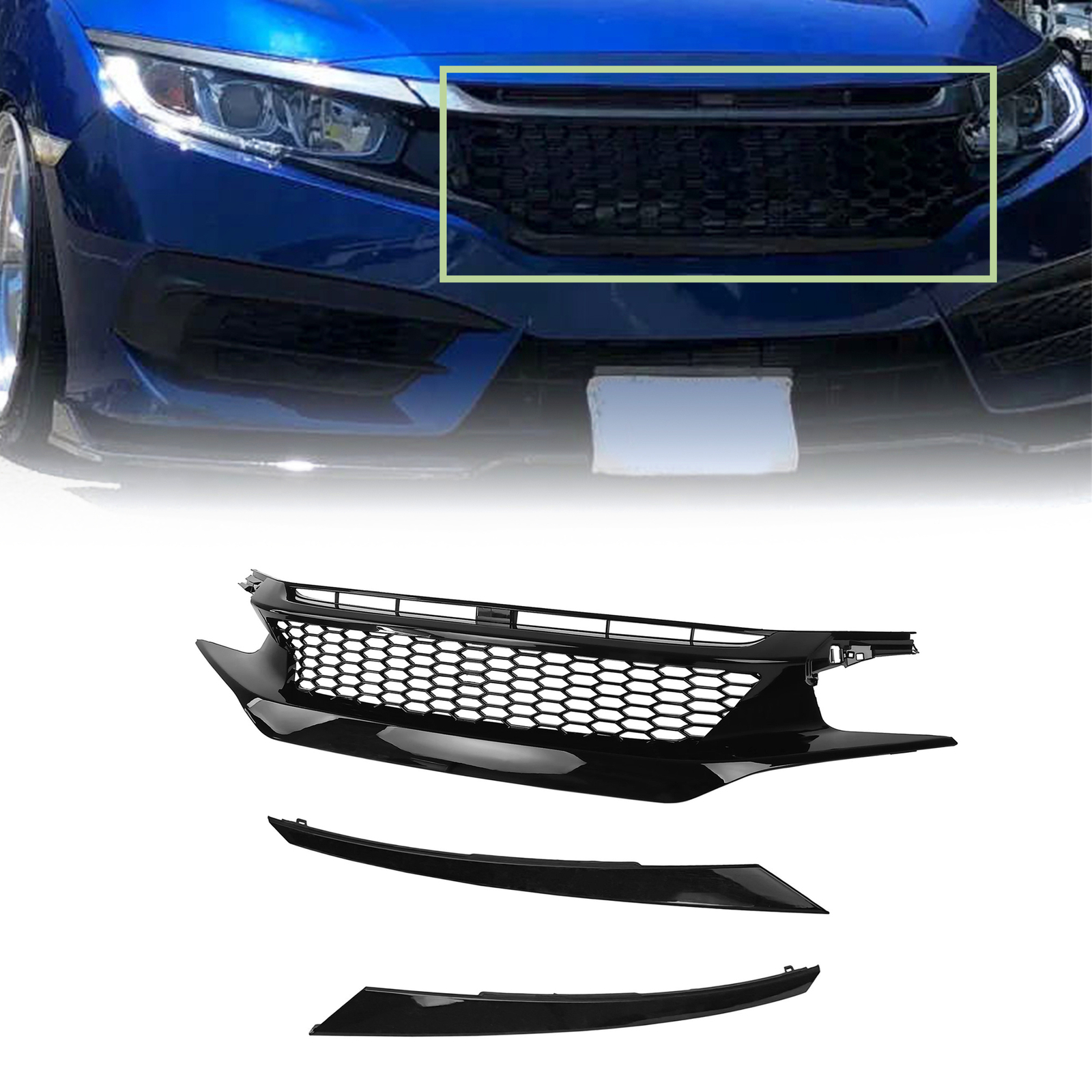Gloss Black Grille Honeycomb Mesh Style For 2016-21 Honda 10th Gen ...