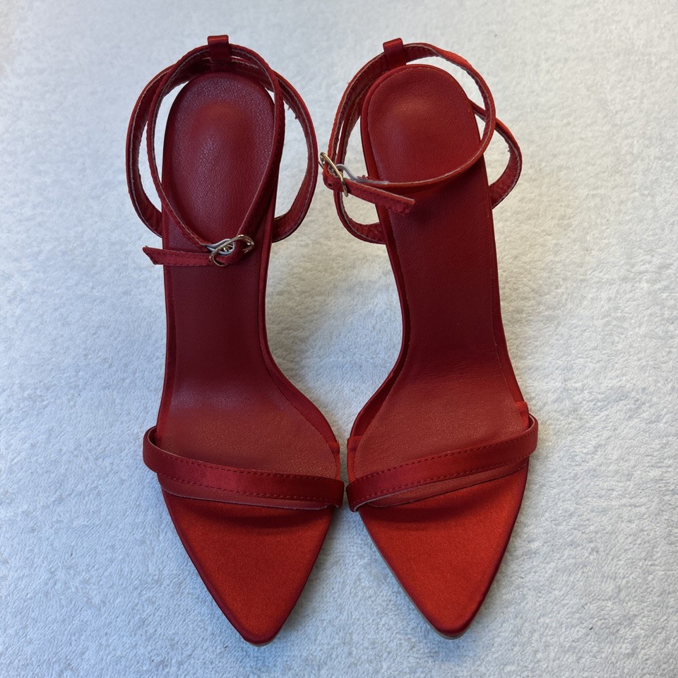 4 Inch Stilettos High Heel Open Toe Ankle Strap Red Satin Gold Heel ...