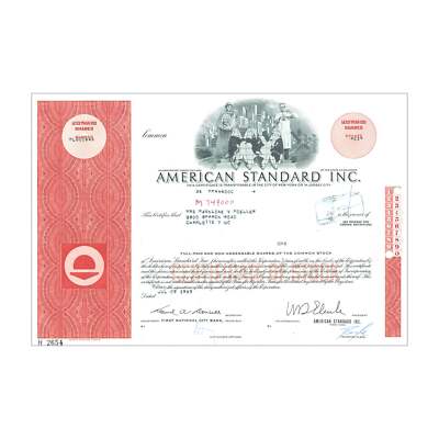 American Standard Inc. Stock Certificate // 1-99 Shares // Red // 1960s ...