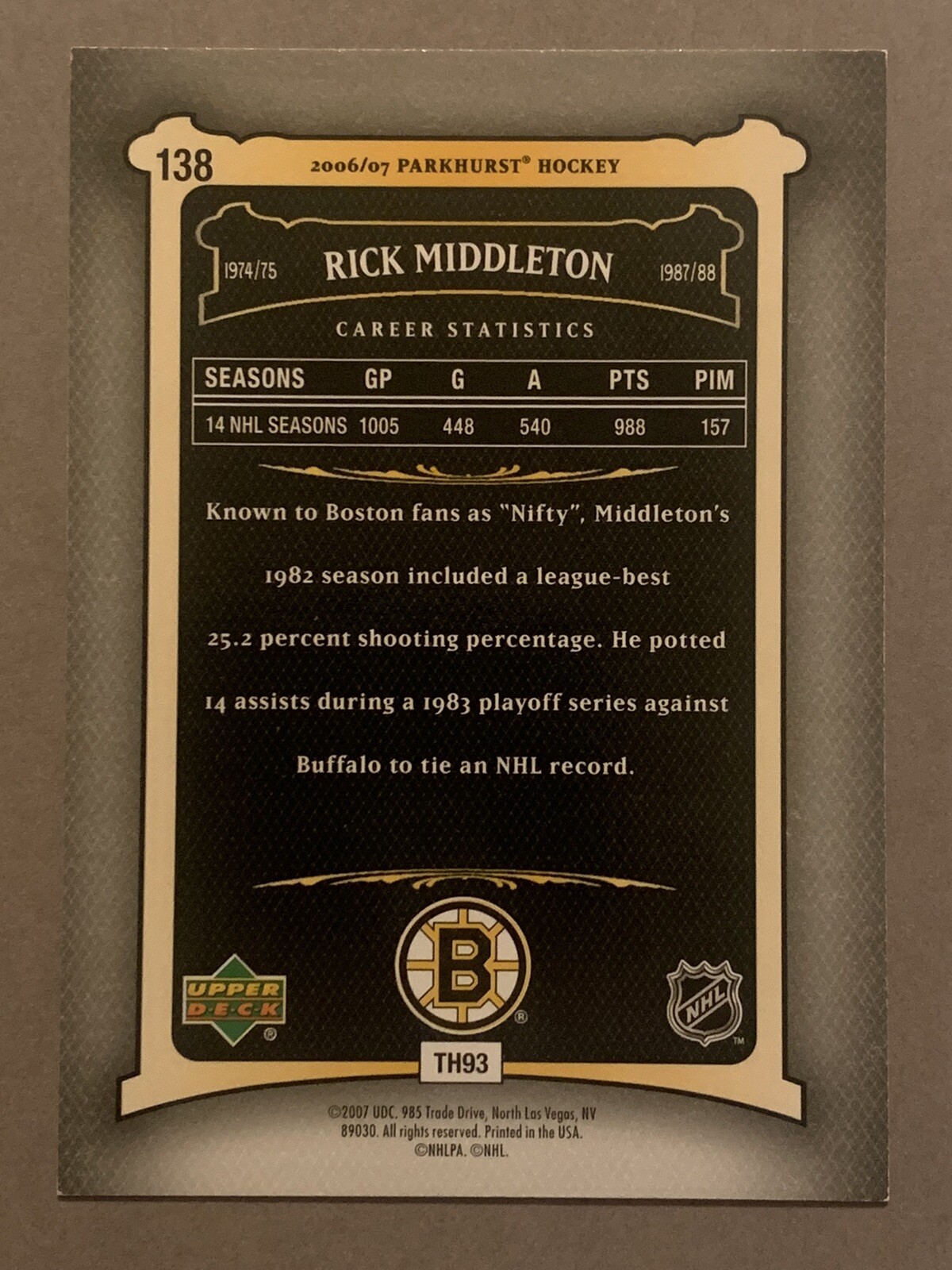RICK MIDDLETON Signed 2006-07 Parkhurst #138 Boston Bruins Autograph ...