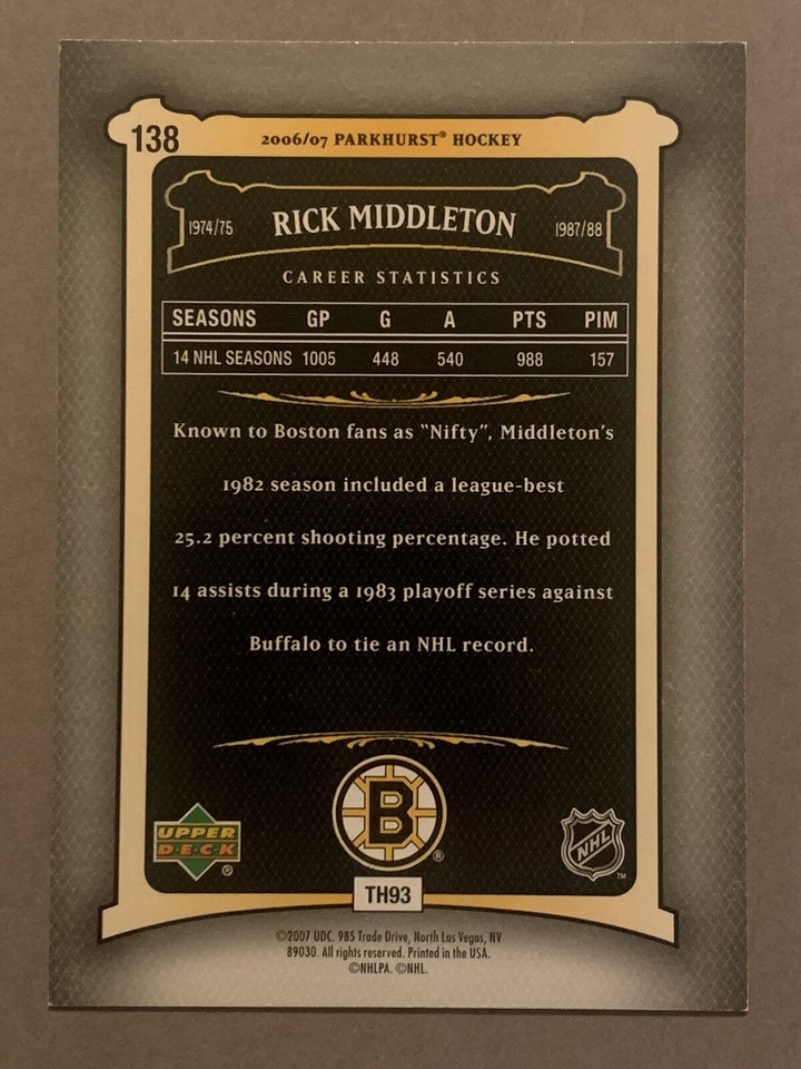 RICK MIDDLETON Signed 2006-07 Parkhurst #138 Boston Bruins Autograph ...
