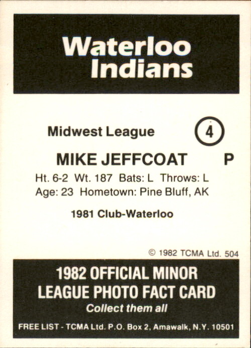 1982 Waterloo Indians TCMA #4 Mike Jeffcoat Pine Bluff Arkansas AR ...