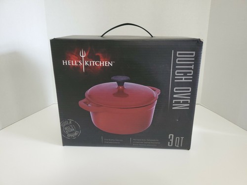 HELL'S KITCHEN RED MAROON 3 QT CAST IRON ENAMELED DUTCH OVEN NEW IN BOX ...