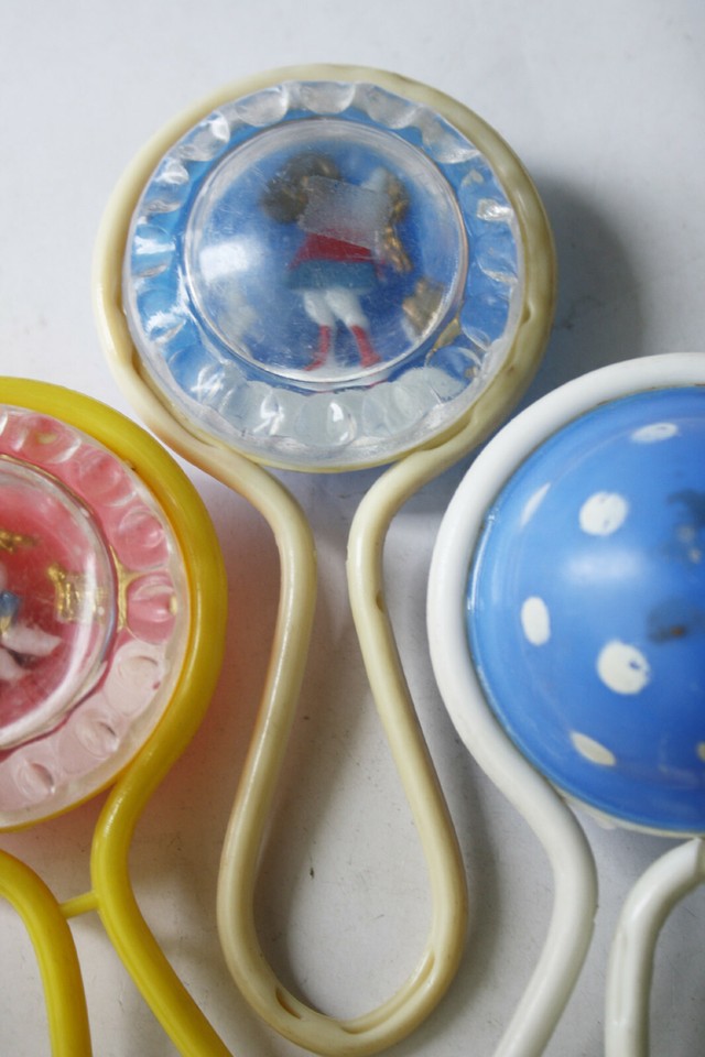 3X RARE VINTAGE 60'S GREEK HARD PLASTIC BABY RATTLE TOY GREECE NEW NOS ...