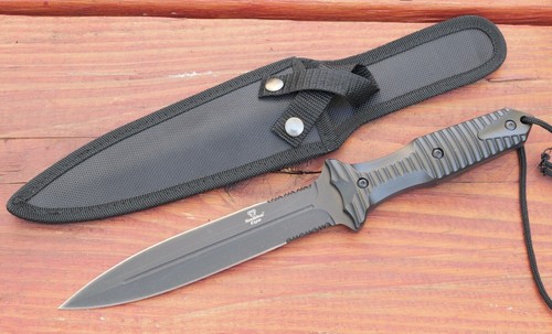 Tactical Knife Spear Point Double Edge Black Full Tang 3.5mm Thick ...