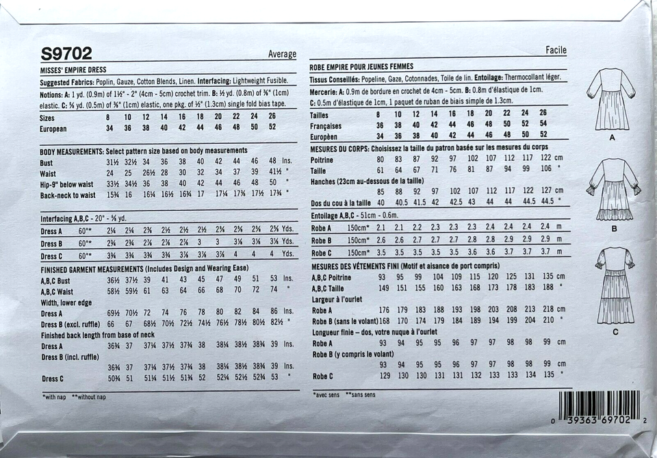 Simplicity Pattern S9702 Misses Empire Dresses Assorted Styles Sizes ...