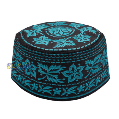 Omani African Kufi Hat 4-inch Tall Round EMBROIDERED TURQUOISE Muslim ...