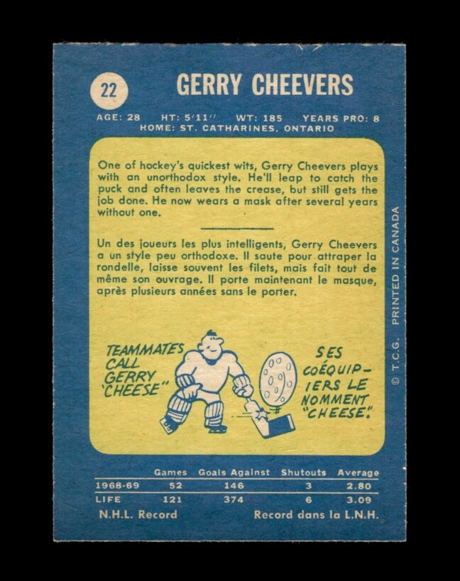 1969-70 O-Pee-Chee Set-Break # 22 Gerry Cheevers NM-MT OR BETTER ...
