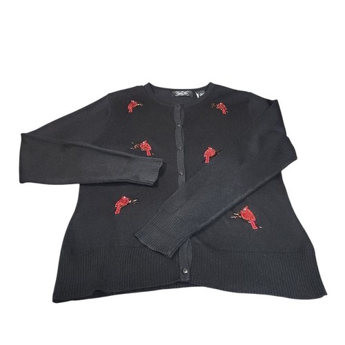 Black Cardigan Small Red Cardinal Bird Sequin Embellishment Button ...