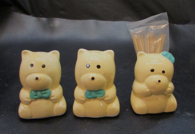 Vintage 1980's Chummy Bears Ceramic Salt Pepper Shakers Set w Toothpick ...