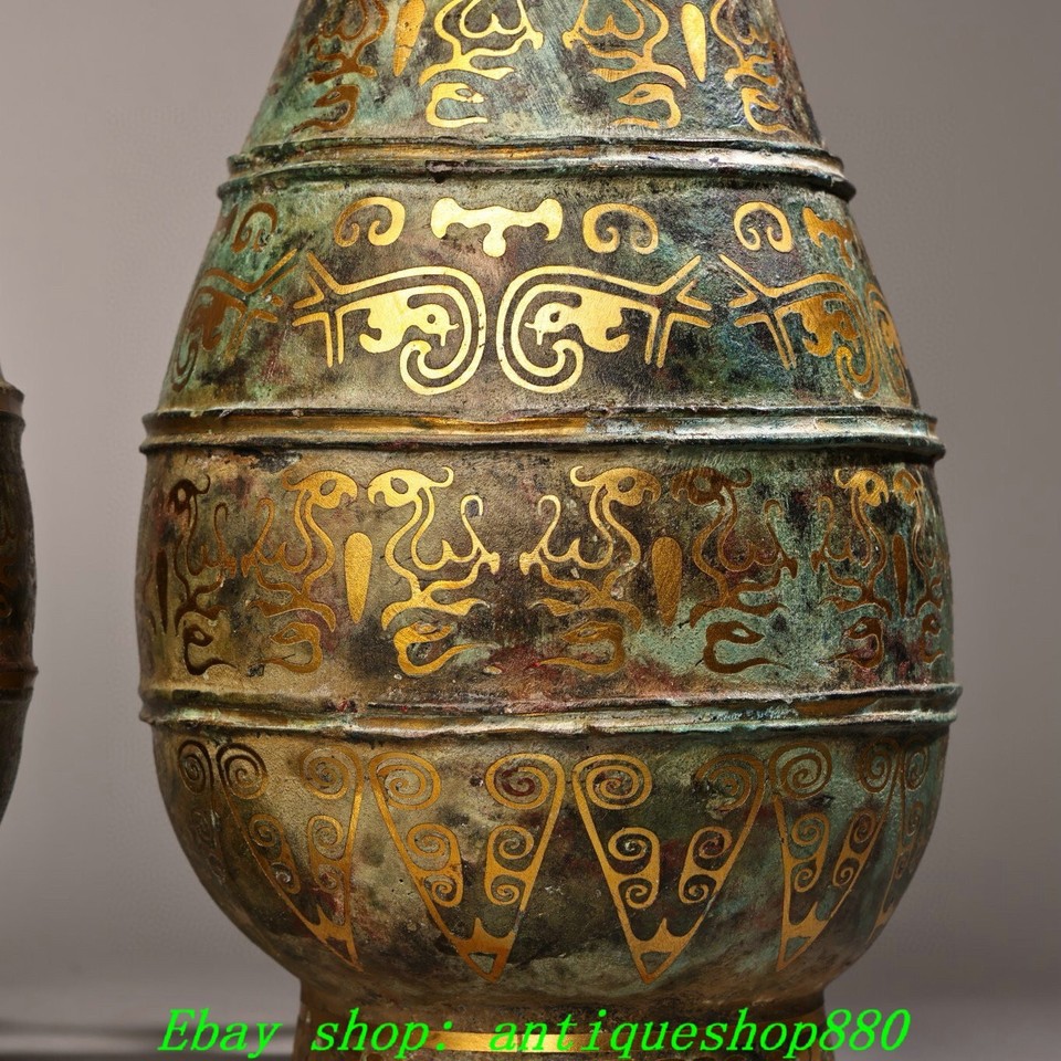 12.2"Old Dynasty Bronze Ware Gilt Inscription Phoenix Bird Crooked Neck ...