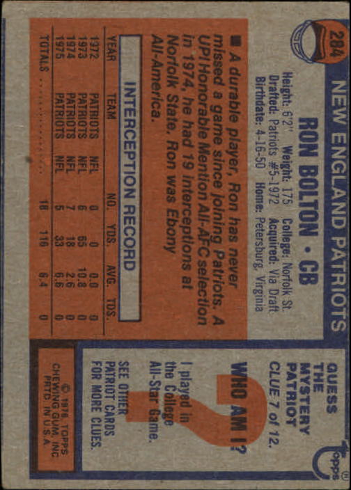1976 Topps Football Card #284 Ron Bolton - VG-EX | eBay
