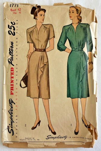 Rare VTG Simplicity Pattern #1771 One-Piece Dress (1946) 42" Bust, 45 ...