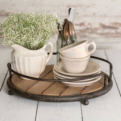 Vintage Stye Farmhouse Round Wood Plank and Metal Serving Tray by CTW ...
