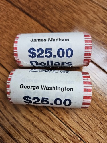 2 Rolls unopened GEORGE WASHINGTON + JAMES MADISON GOLDEN DOLLAR COIN ...