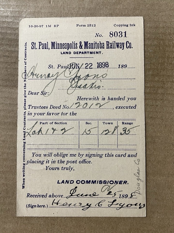 Postcard Postal Card St. Paul Minneapolis & Manitoba Railway Deed ...