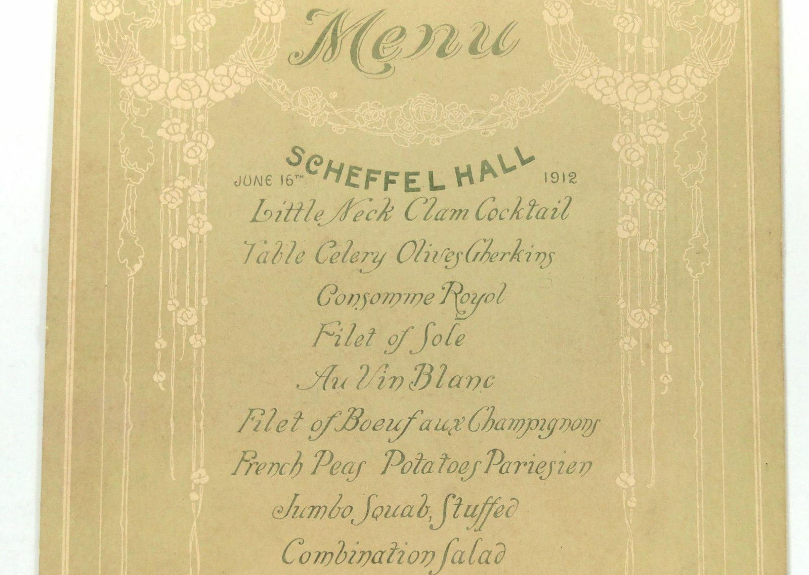 1912 Original Vintage Menu SCHEFFEL HALL Restaurant Manhattan New York ...