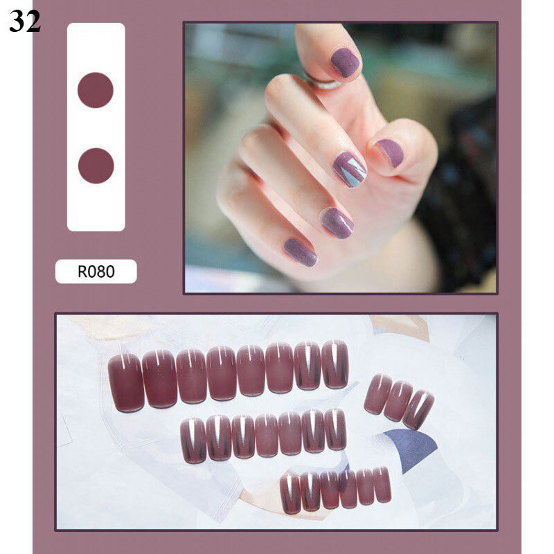 24pcs Fake Nails with Designs Press on Full Cover Artificial Short ...