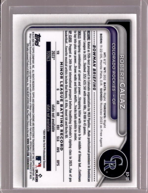 ROBERT CALAZ 2024 Bowman Chrome 1st #BCP-131 Blue Refractor Rookie RC ...