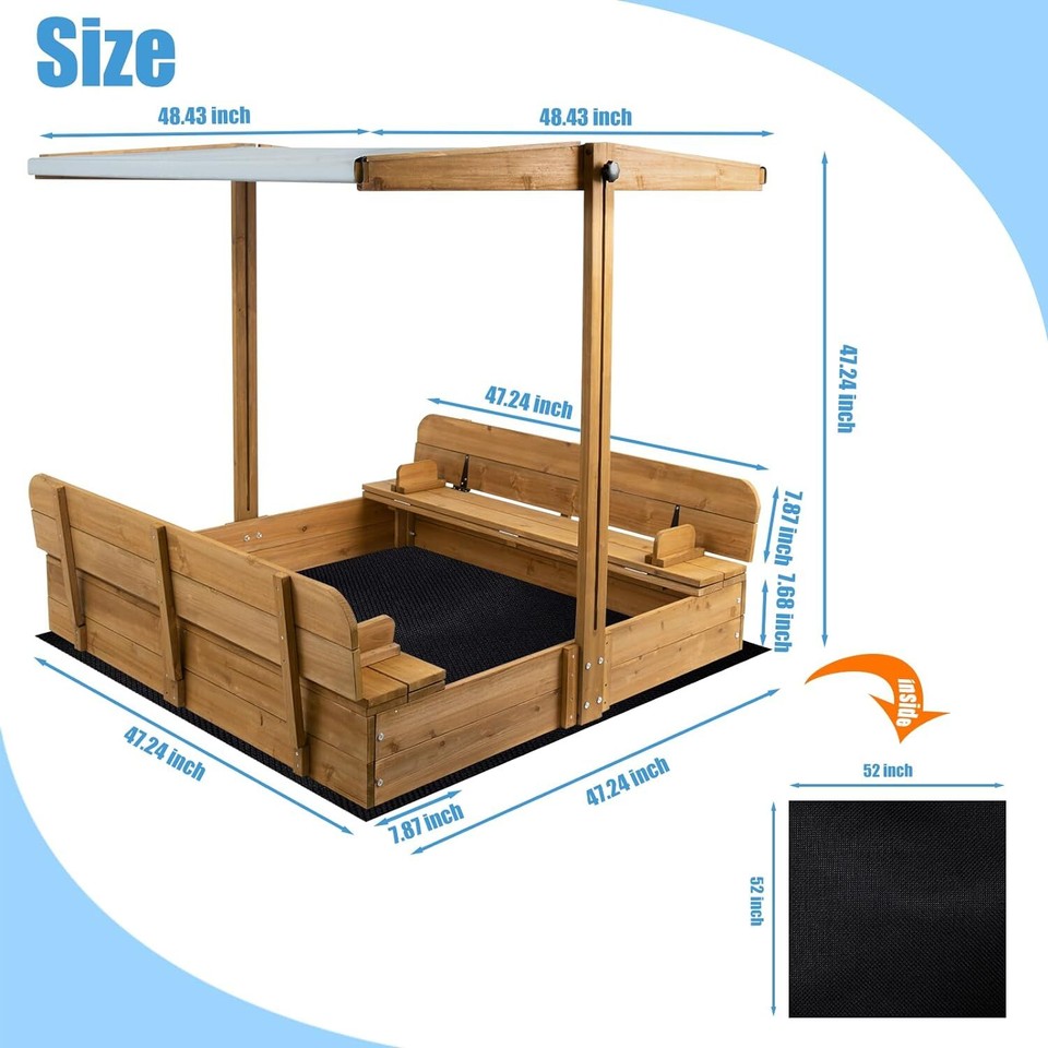PETSCOSSET Sandbox with Cover for Kids Outdoor Wooden 47x47 Sand boxes ...
