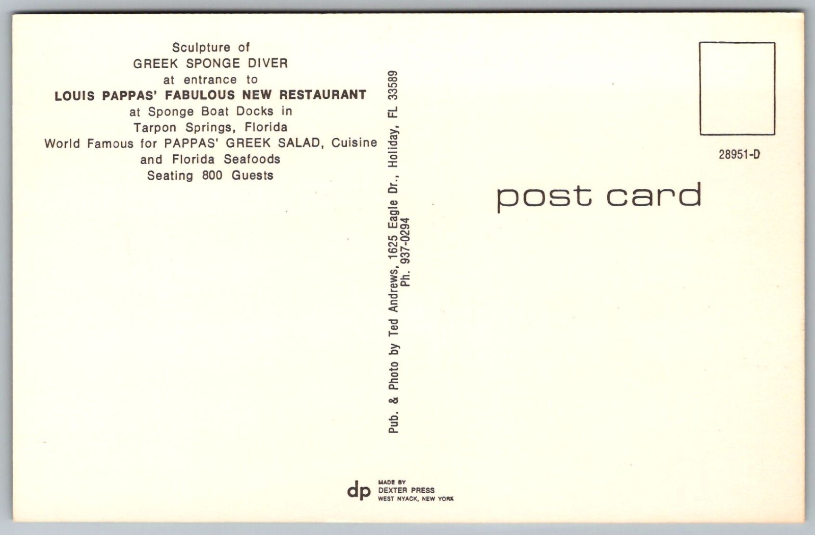 Vintage Postcard - Greek Sponge Diver Sculpture - Louis Pappas Tarpon ...