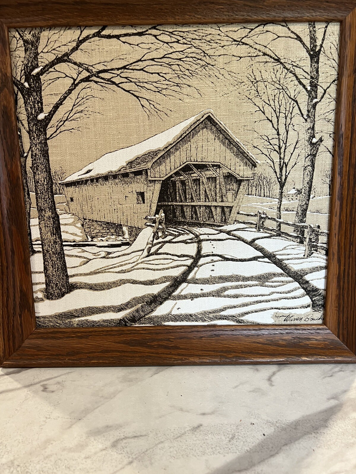 VTG KAYDEE Pure Linen Hand Print Framed Signed Warren Boucher Covered ...