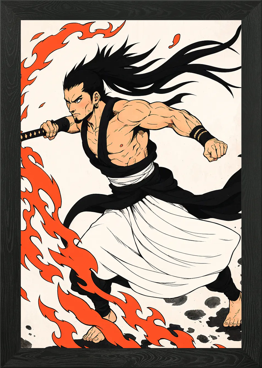Samurai with Flaming Sword Framed Wall Art Poster Canvas Print Picture ...