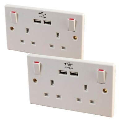 2 X Double Wall Socket Mains &2 USB Twin Fast Charger Plug Switched ...
