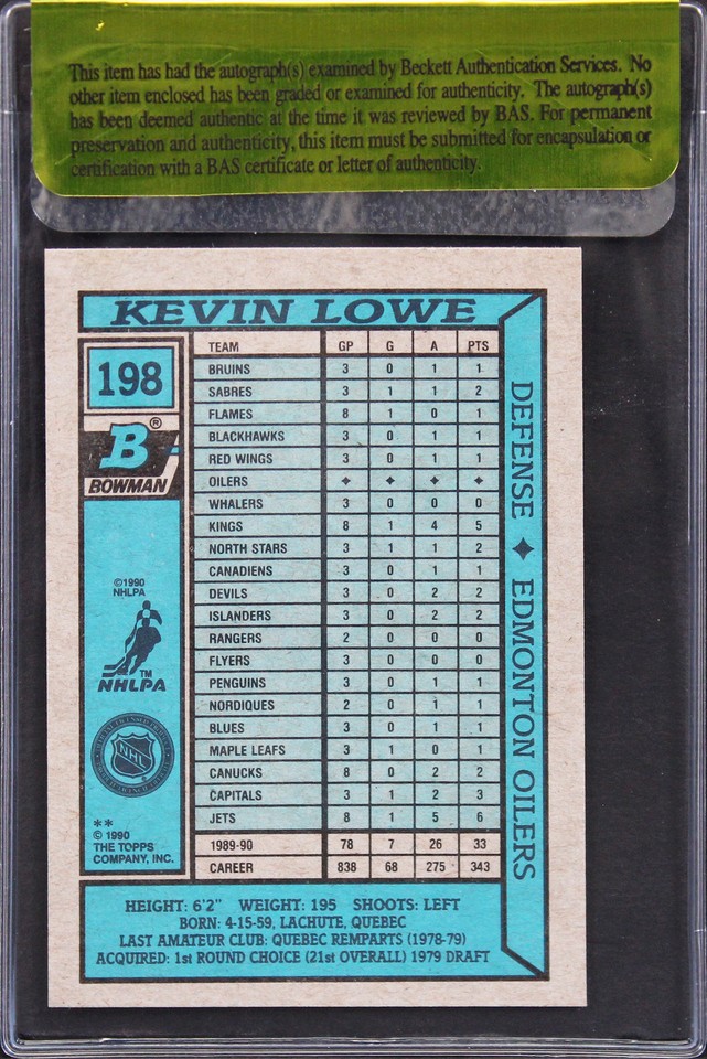 Oilers Kevin Lowe Authentic Signed 1990 Bowman #198 Card Autographed ...