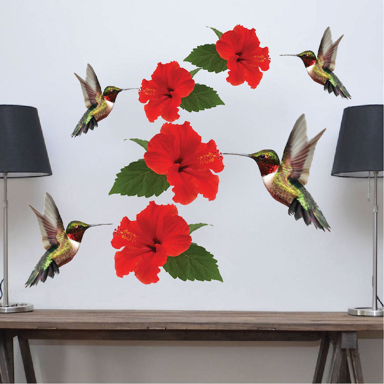 Hummingbird Wall Decal Mural, Hummingbirds Red Flowers Floral Animal ...