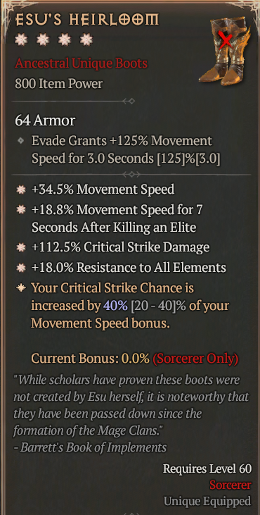 💥 DIABLO 4 💥 SEASON 6💥ESU's Heirloom💥BiS Sorcerer Unique Boots💥Perfect ...