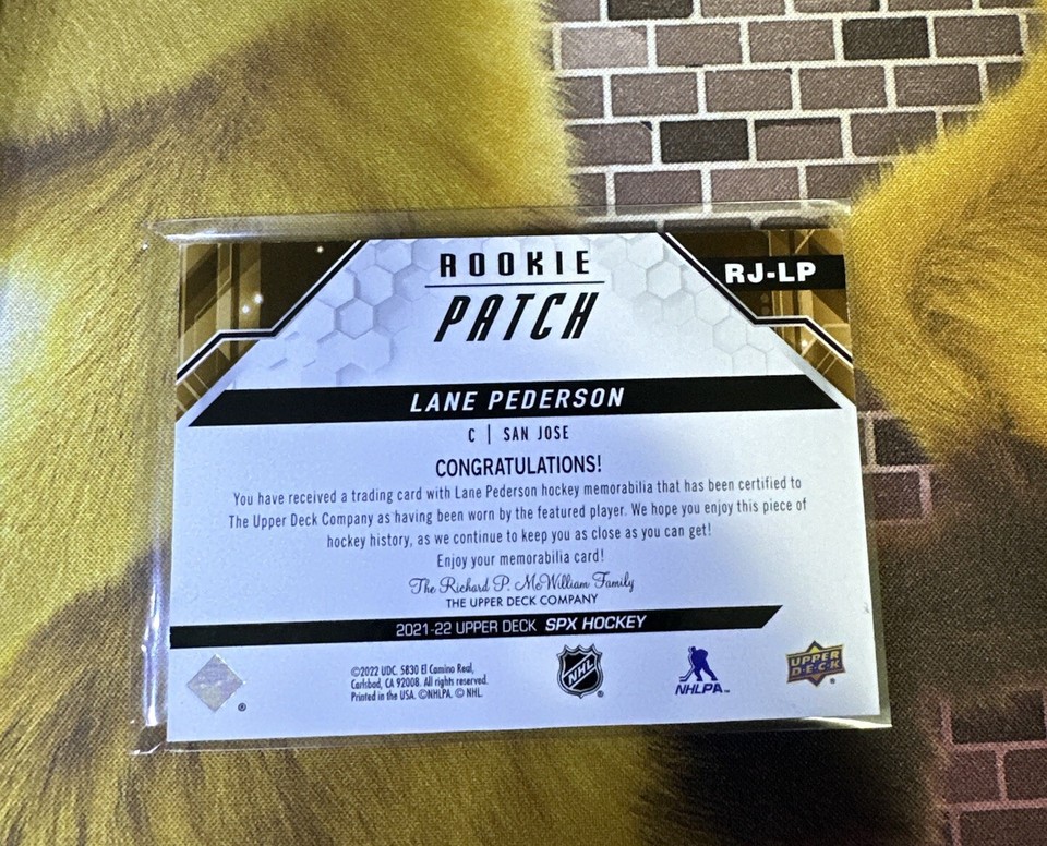 2021-22 SPx LANE PEDERSON /35 3 Color Rookie Patch #RJ-LP Sharks | eBay