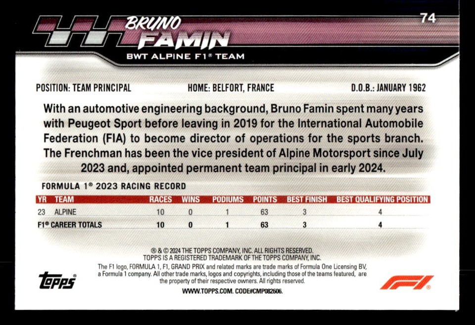 2024 Topps Paddock Pass Formula 1 #74 Bruno Famin card | eBay