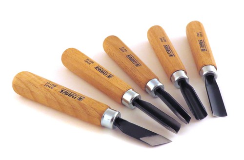 5 Piece Set Starter Carving Chisels 3 Gouges, V Tool and Double Bevel ...