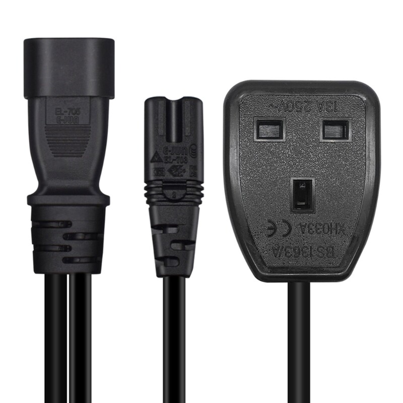C14 to C7 + UK Y Splitter Power Plug Cord, Single IEC 320 C14 to C7+UK ...