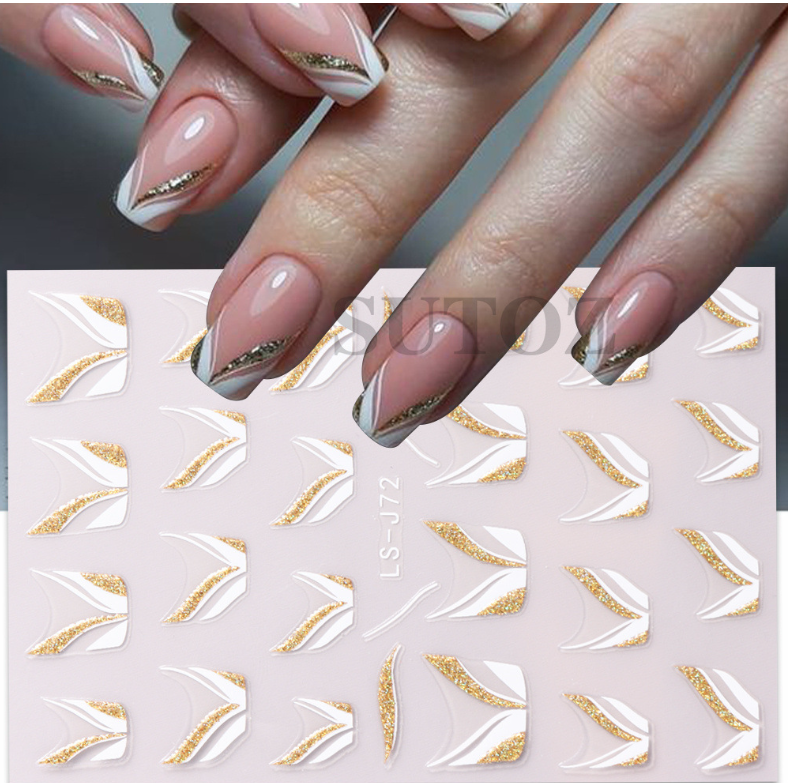 3D Glitter Gold Line Nail Art Stickers Decals French Tip Wavy Fringe ...