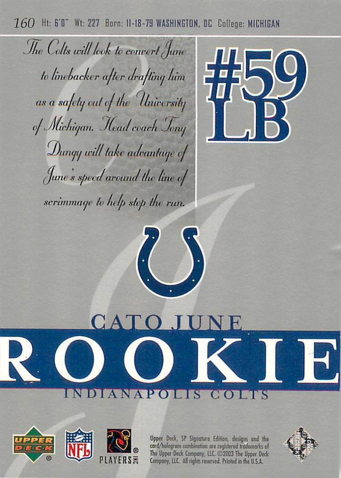 CATO JUNE 2003 SP Signature Edition ROOKIE RC /750 Colts #160 | eBay