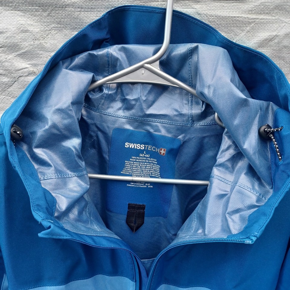 Swiss Tech Jacket Large Mens Blue Lightweight Rain Coat Zip Pockets ...