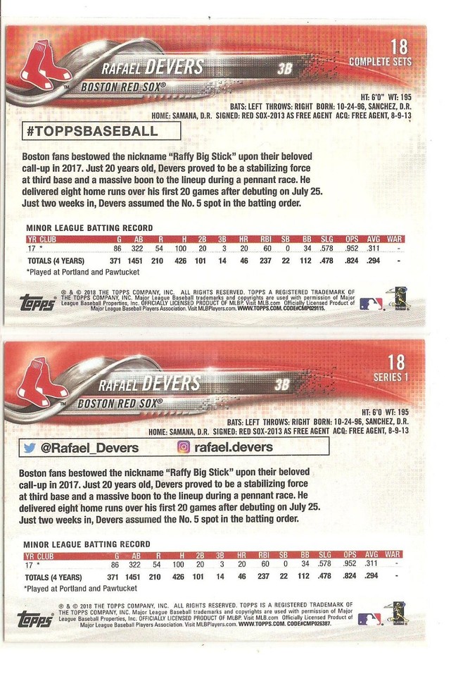 2018 Topps RAFAEL DEVERS RC Lot Flagship & Complete Set Photo Variation ...
