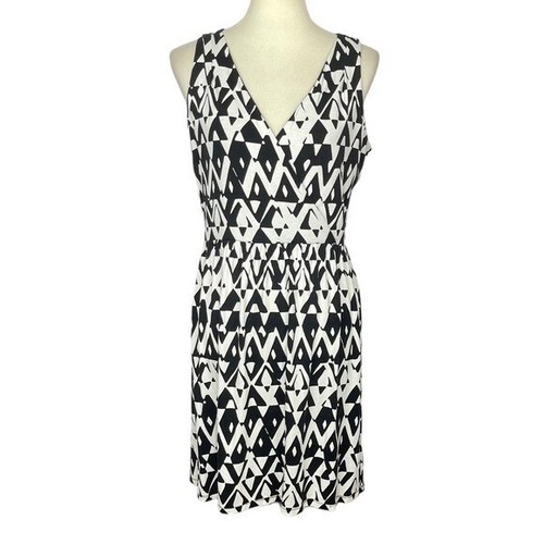 Loft Dress Womens Medium Black Cream Geometric Print Sleeveless Knit ...