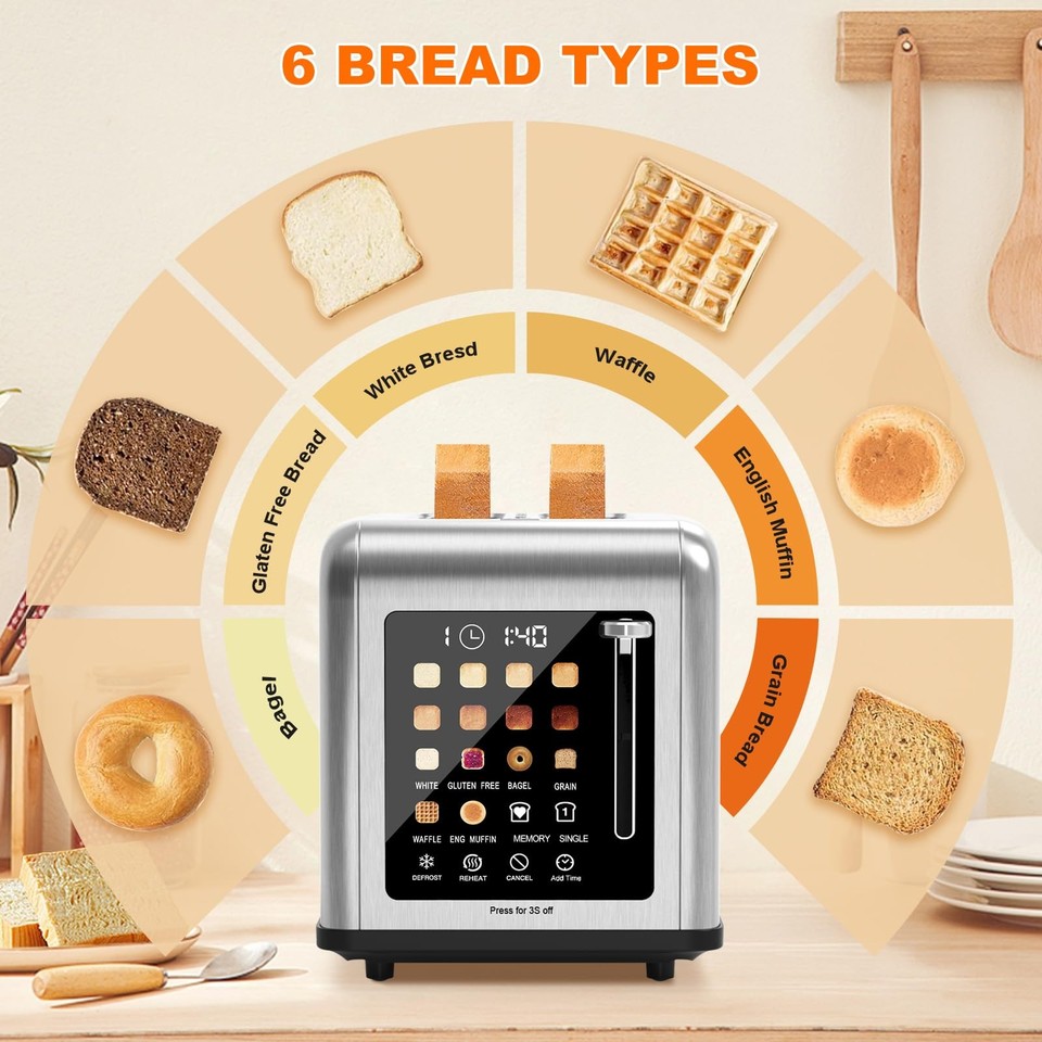 2 Slice Toaster Touch Screen, Stainless Steel Toasters Digital Timer 2 ...