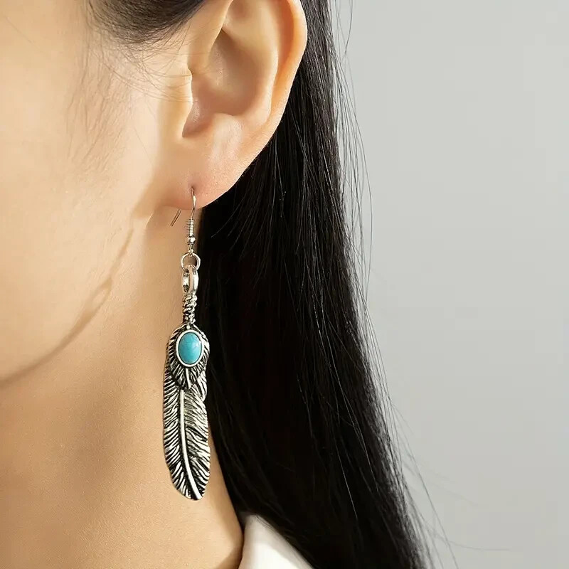 925 Sterling Silver Turquoise Eagle Hawk Falcon Bird Feather 3.25" Hook ...