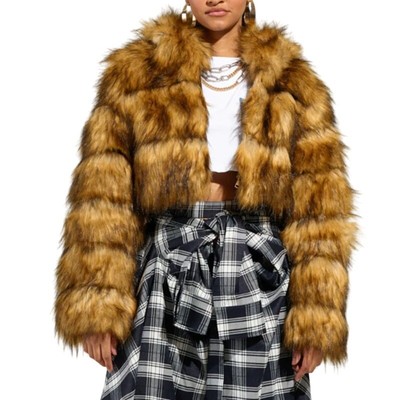 Akira Gracelle Faux Fur Cropped Jacket in Brown, Size L | eBay Australia