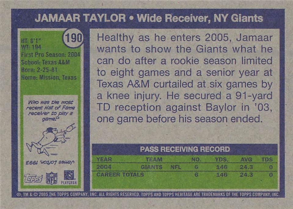 JAMAAR TAYLOR 2005 TOPPS HERITAGE FOOTBALL #190 | eBay