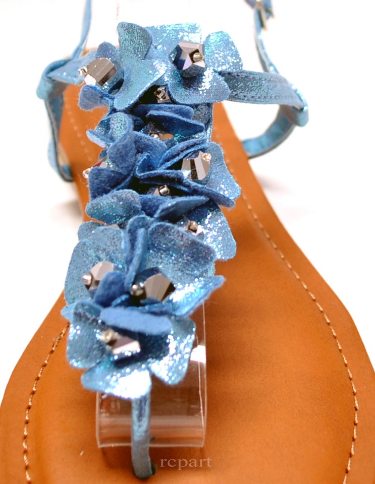 New women's shoes sandals t strap open toe flower detail turquoise blue ...